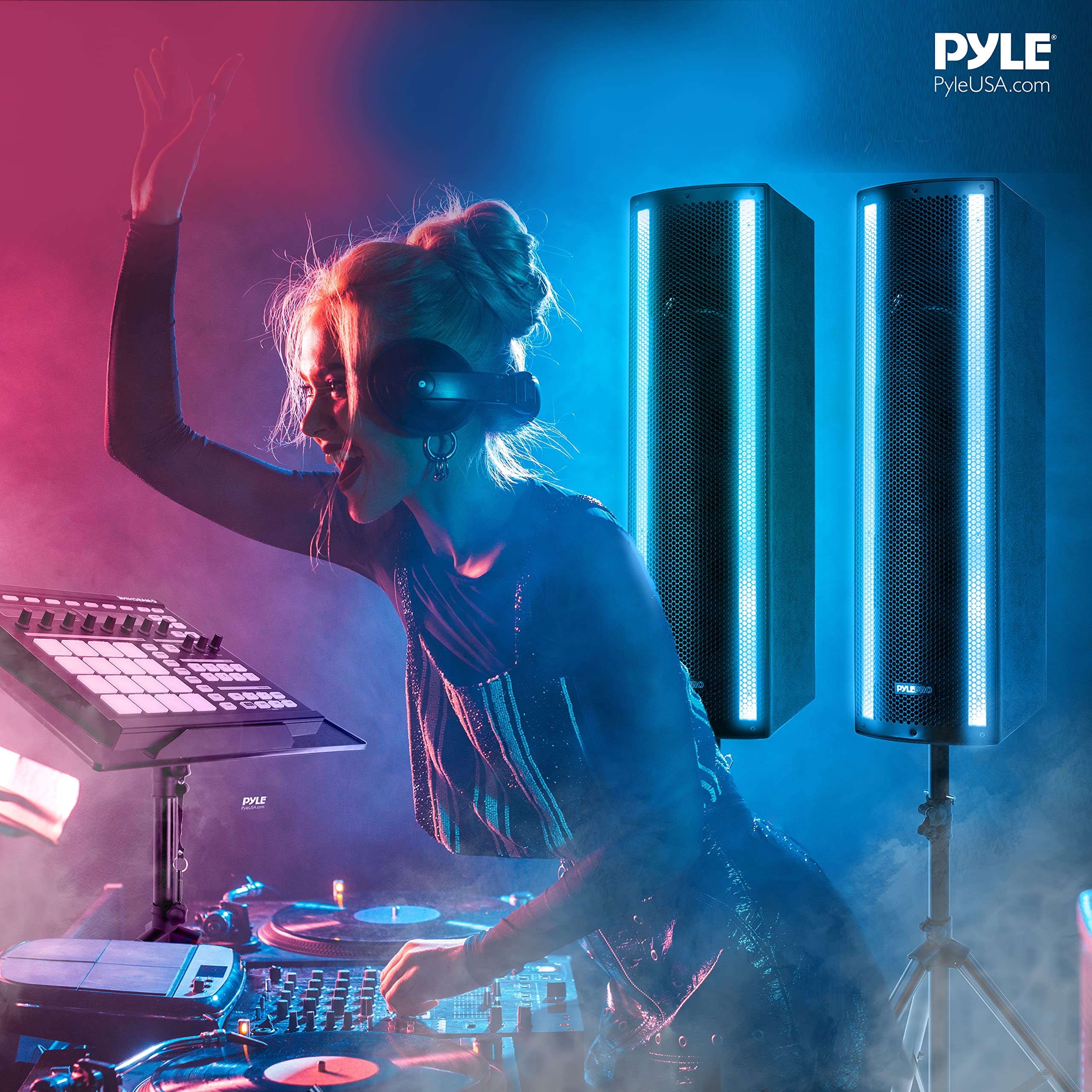 Pyle Portable Bluetooth PA Speaker System - 3-Way Active & Passive Outdoor Bluetooth Speaker Portable PA System w/ Microphone In, Party Lights, FM Radio - Tripod, Remote - Pyle PS65ACT,Black