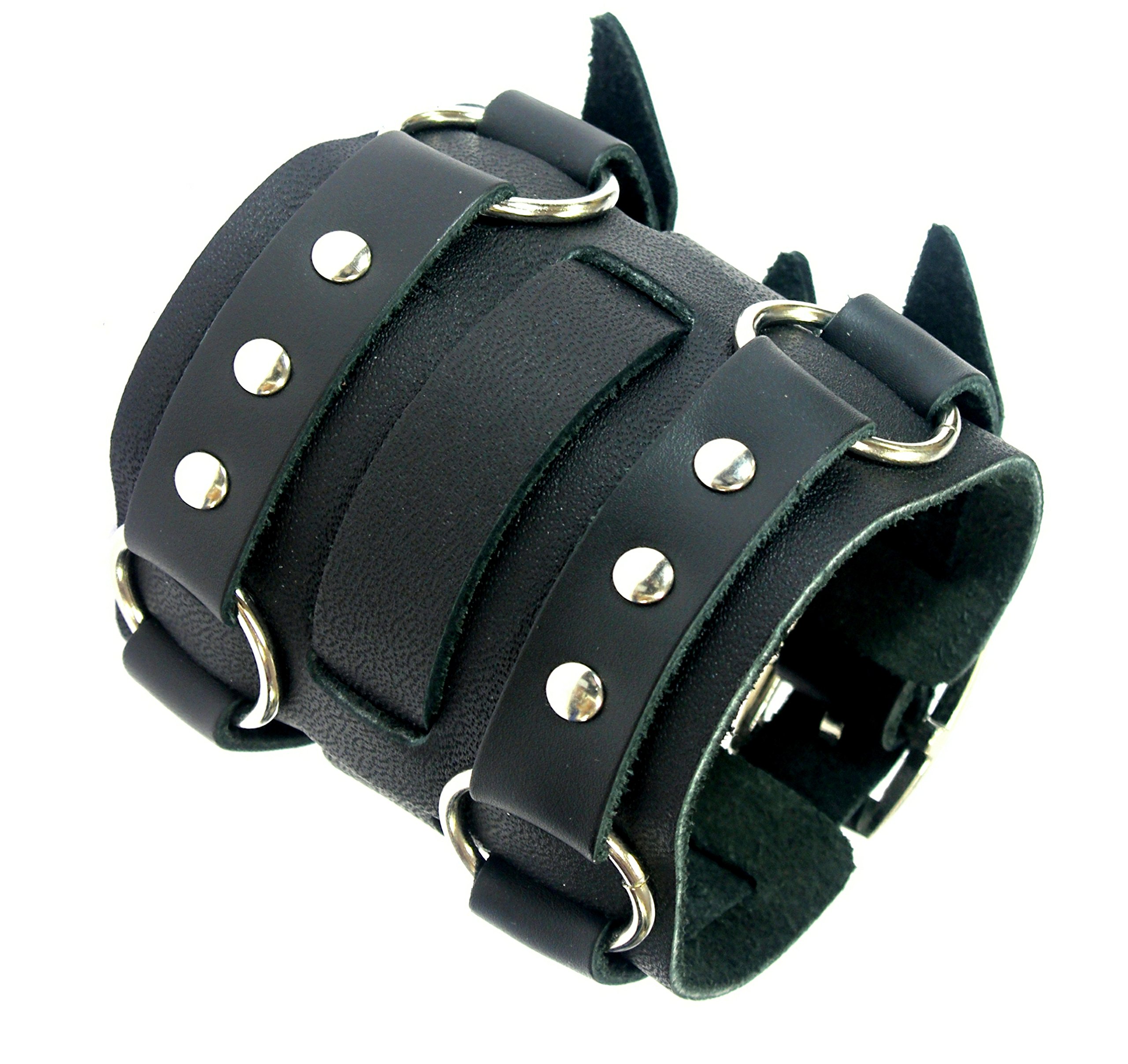Neptune Giftware Wide Triple Strap Leather Cuff Wrap Gothic Wristband Bracelet With Buckle Fastening - BLACK LEATHER