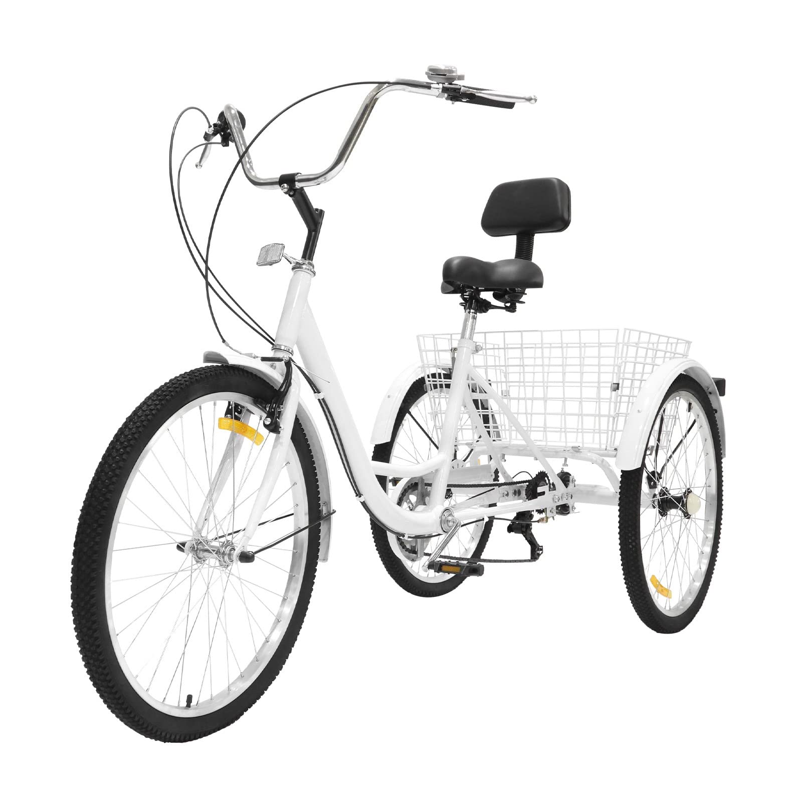 UNIKAT 24Inch Adult Tricycle - 7 Speed Three Wheel Beach Cruise with Low-Step Through Frame Large Cargo Basket Backrest Saddle - Complete Cruiser Bikes for Men Women Seniors (White)