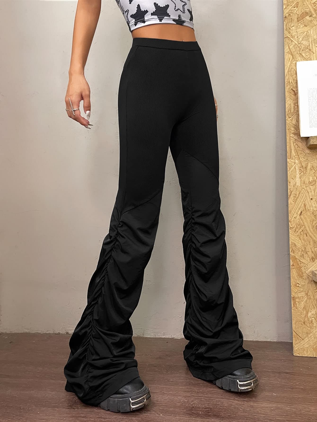 WDIRARA Women's Elastic High Waisted Ruched Flare Leg Bell Bottom Bootcut Yoga Pants Black S