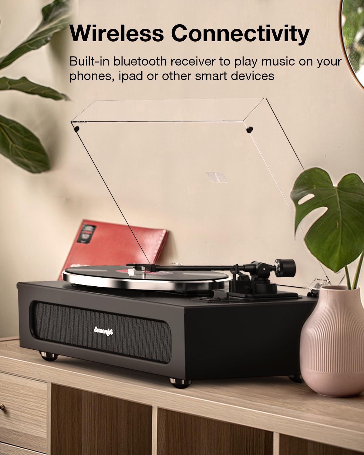 Record Player High Fidelity Turntable for Vinyl Records Built-in 4 Stereo Speakers All-in-One Vinyl Player Belt Drive Turn table with MM Cartridge ATN-3600L Stylus 33 45 Speed Bluetooth Classic Black