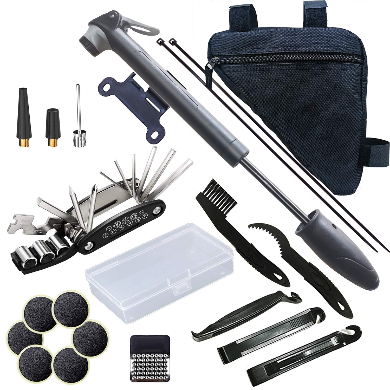 SPROUTER Bicycle Repair Tool Set with Bicycle Frame Bag Triangular Bag Mini Pump, Include Bike Tire Glue Set with Self-adhesive Patches, 16 in 1 Bike Multitool Repair Tool Set and Chain Cleaning Brush