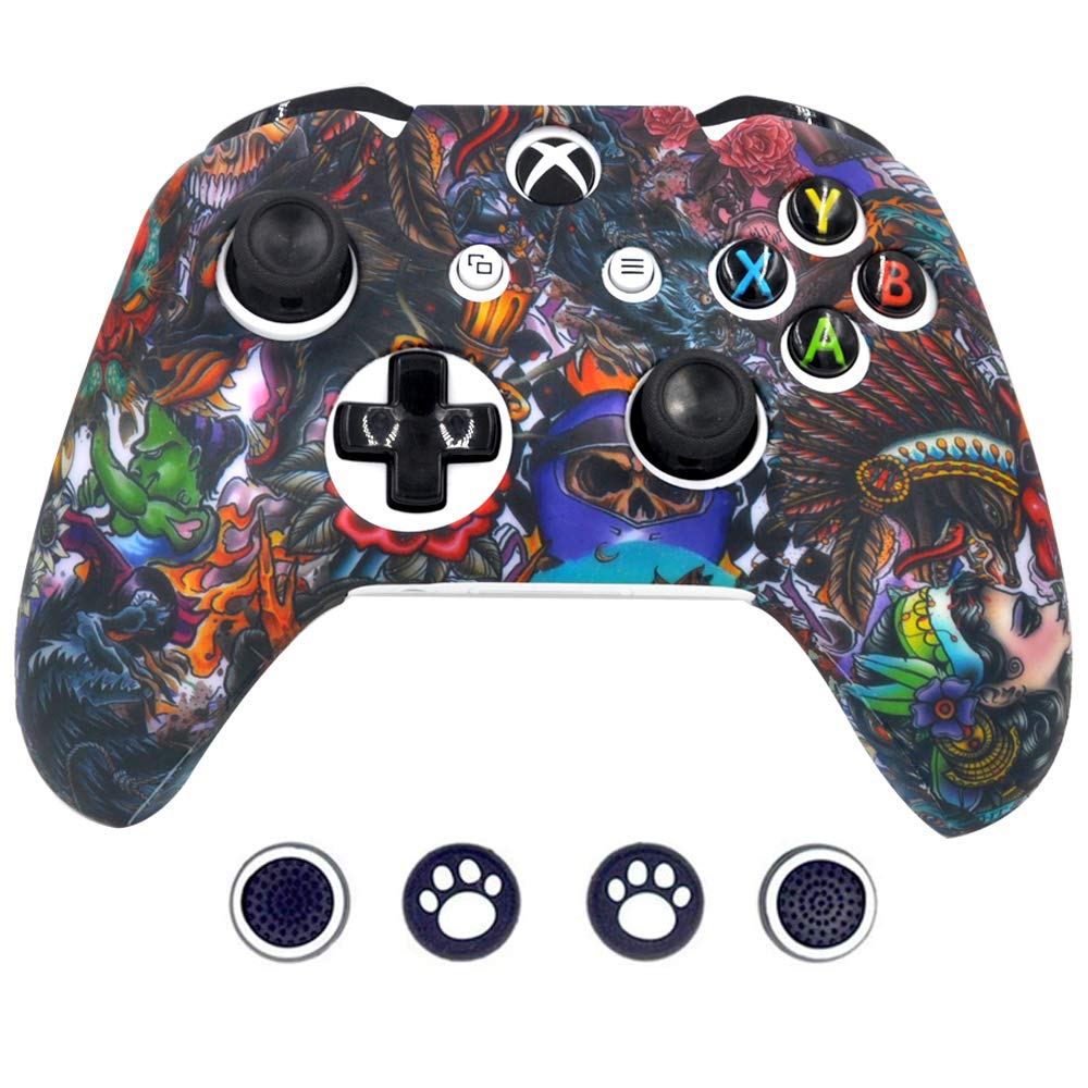 Taifond Anti-Slip Silicone Controller Cover Protective Skins for Microsoft Xbox One S & One X Controller with 4 Thumb Grip Caps(Skull 2.0)