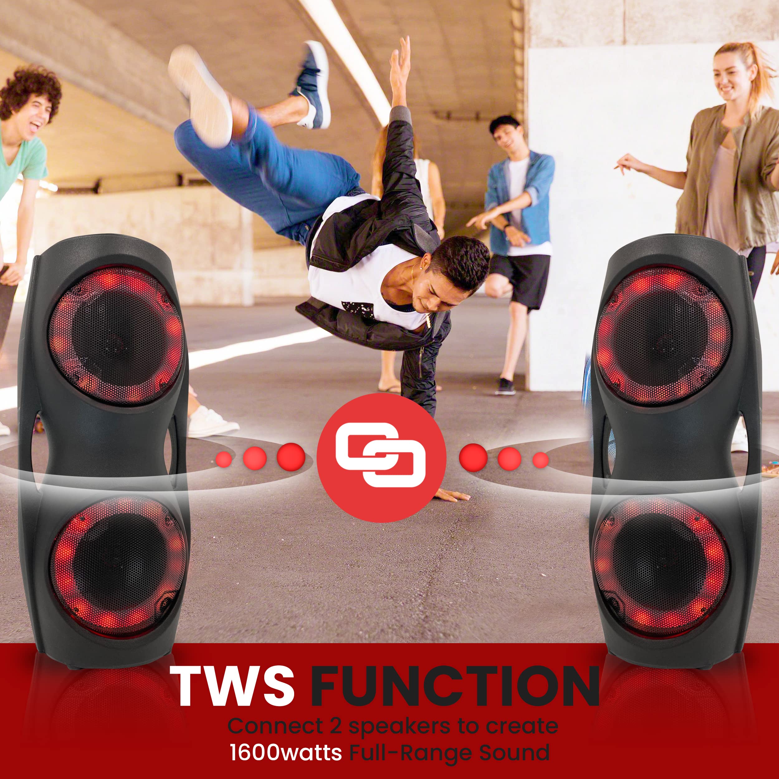 Pyle Portable Bluetooth PA Speaker System - 1000W Indoor/Outdoor Bluetooth Speaker PA System w/TWS, Recorder, Microphone in, Party Lights, USB SD Card Reader, FM Radio, Rolling Wheels PPHP82LB,Black