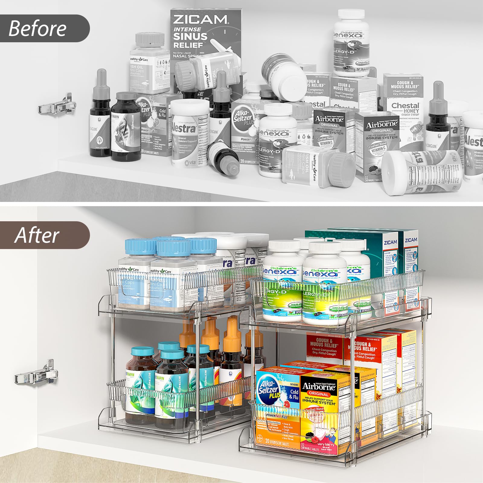VIVAIVE 2 Tier Bathroom Organizer with Dividers,3 Set Clear Under Sink Organizers Storage Slide Out Bathroom Vanity Counter Storage Container for Kitchen Pantry Cabinet Closet, Medicine Organizer