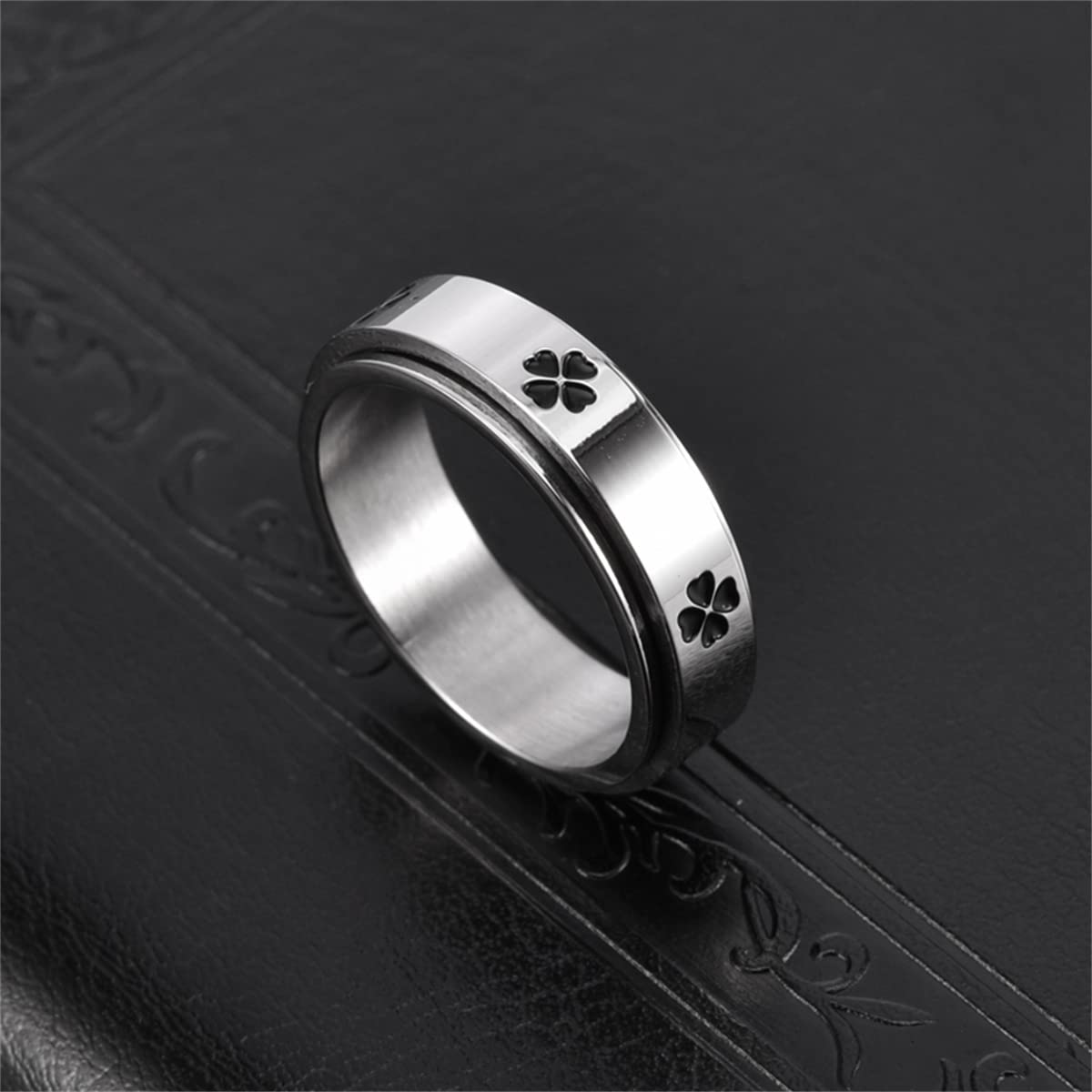 yomlry Fidget Ring Stainless Steel Four-leaf Clover Spinner Ring for Anxiety Stress Relieving Rotating Ring for Men Women clover 9