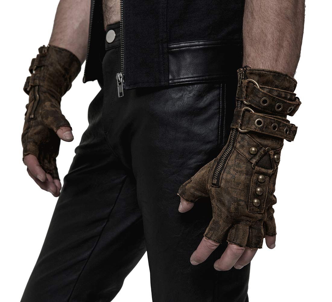 Punk Rave Coffee Grey Steampunk Gothic Leather Fingerless Gloves for Men, Gray, S-L