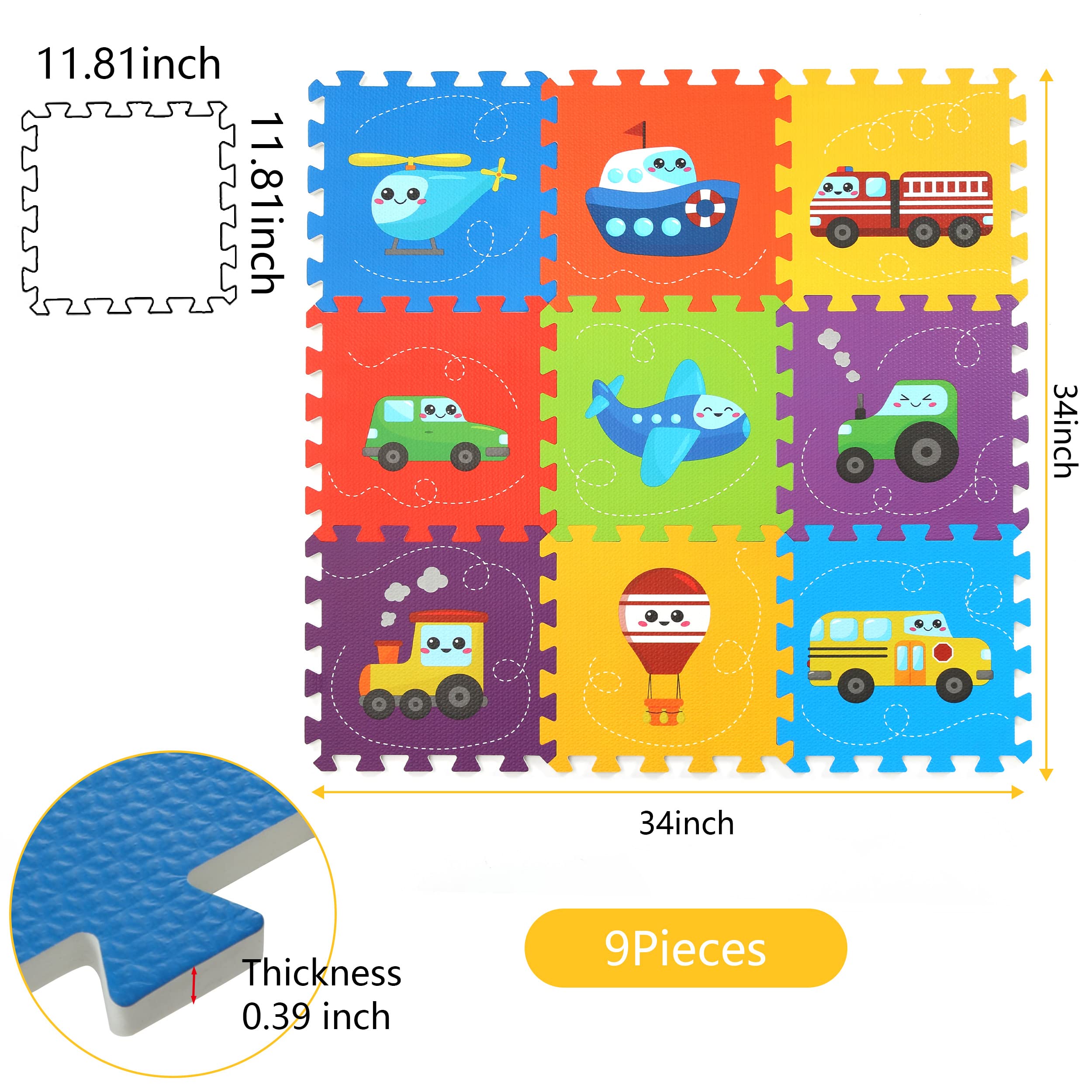 PLAY 10 Baby Play Mat, Foam Playmat for Babies, Kids Play Mat, Foam Floor Tiles 34×34 9 Pieces Vehicle Puzzle Mat