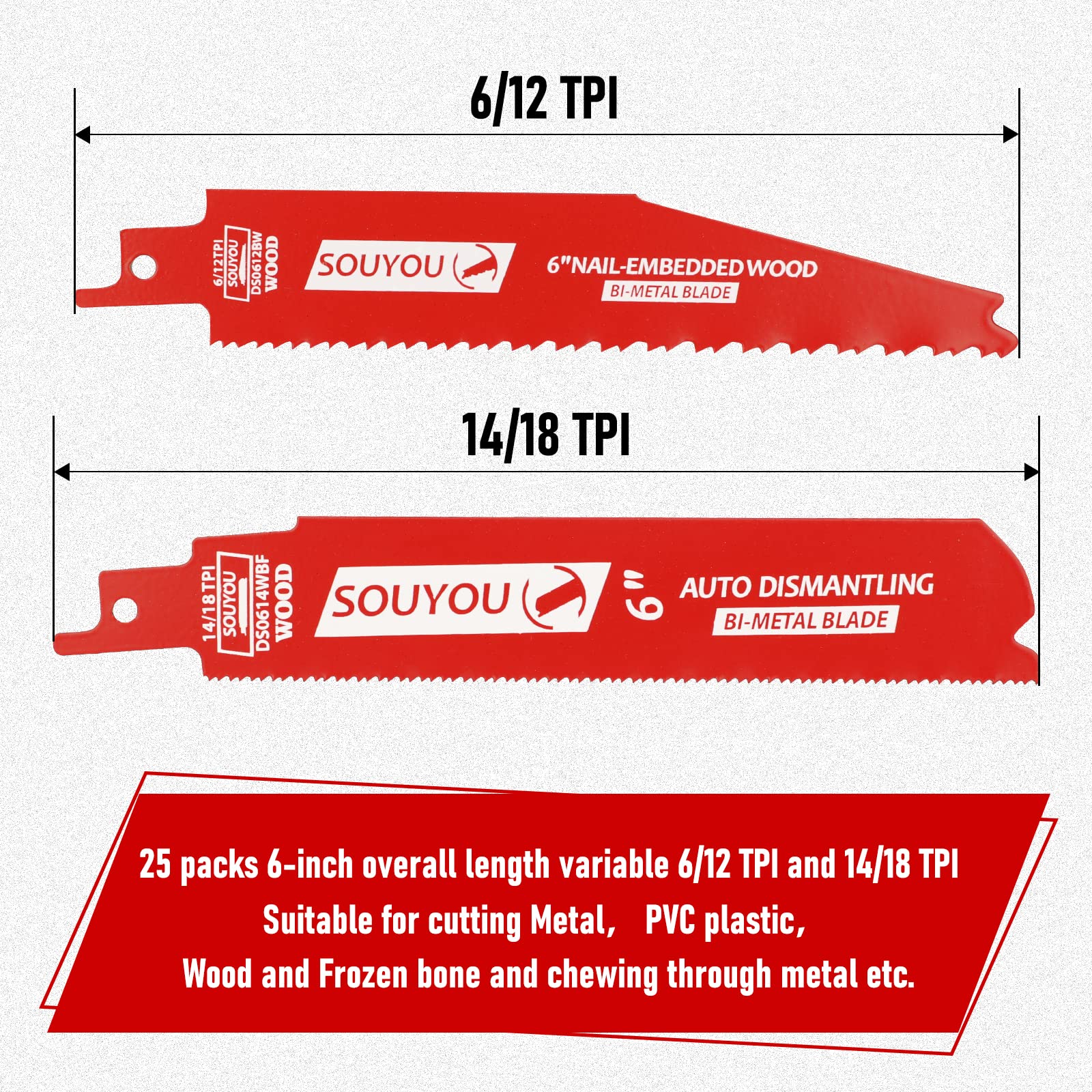 Souyou 25 Pack 6 Inch 6/12 Tpi Reciprocating Saw Blade Bi-Metal Steel Demon with Perma-Shield Coating for Cutting Wood Metals