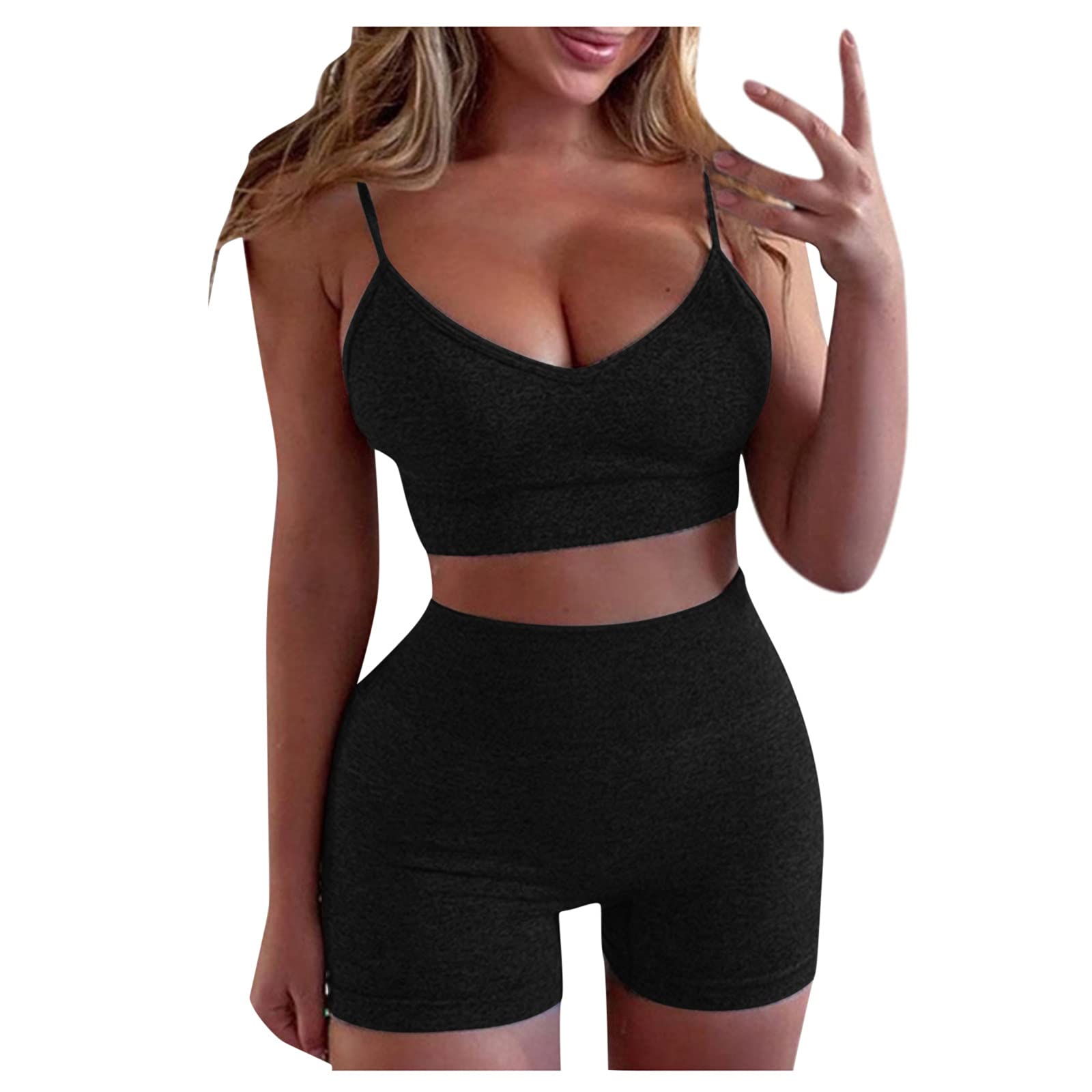 Workout Sets for Women 2 Piece Ribbed Seamless Crop Tank High Waist Yoga Leggings Sets (BB-Black, S)
