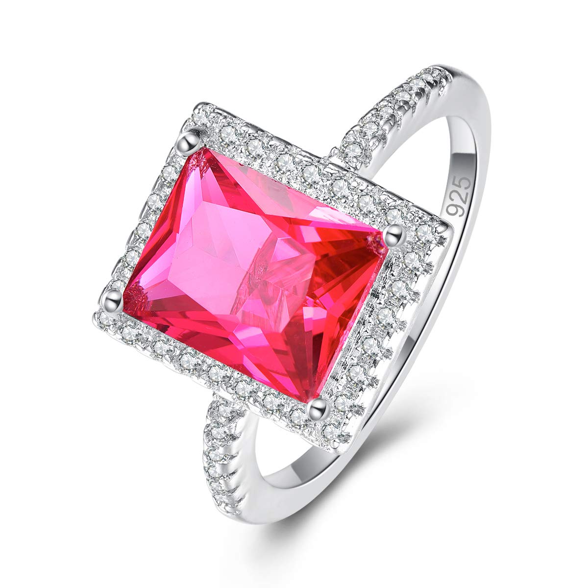 Psiroy 925 Sterling Silver Plated Simulated Ruby Spinel Classic Emerald Cut Halo Engagement Ring for Women Size 9