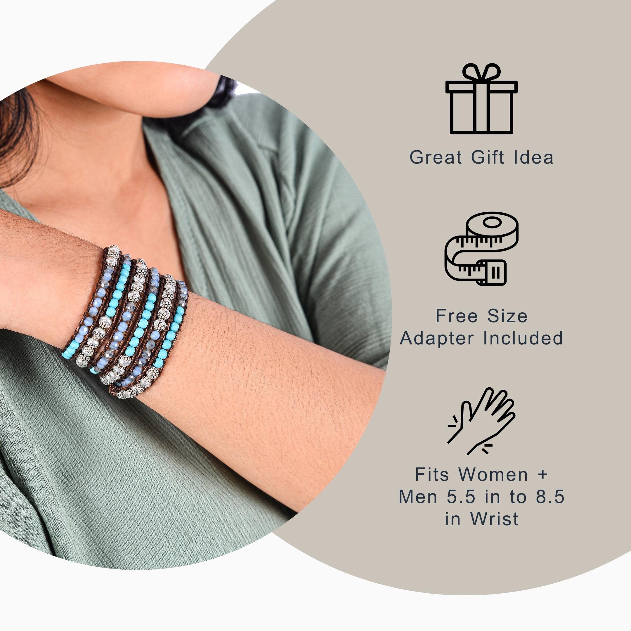 spirit wrist Turquoise Bead, Sky Crystals, Silver Zinc + Brown Kai Boho Wrap Bracelet