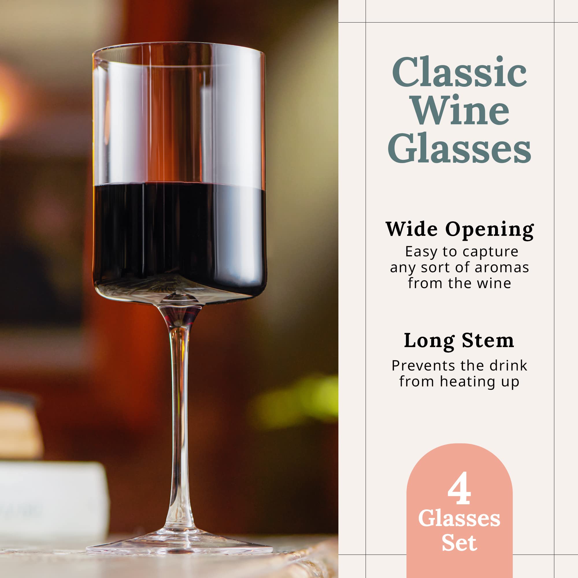 Square Wine Glasses Set of 4 β 14oz Crystal Wine Glasses β Elegant & Modern Long Stem Wine Glasses for White & Red Wine β Hand-Blown Lead-Free Large Wine Glass