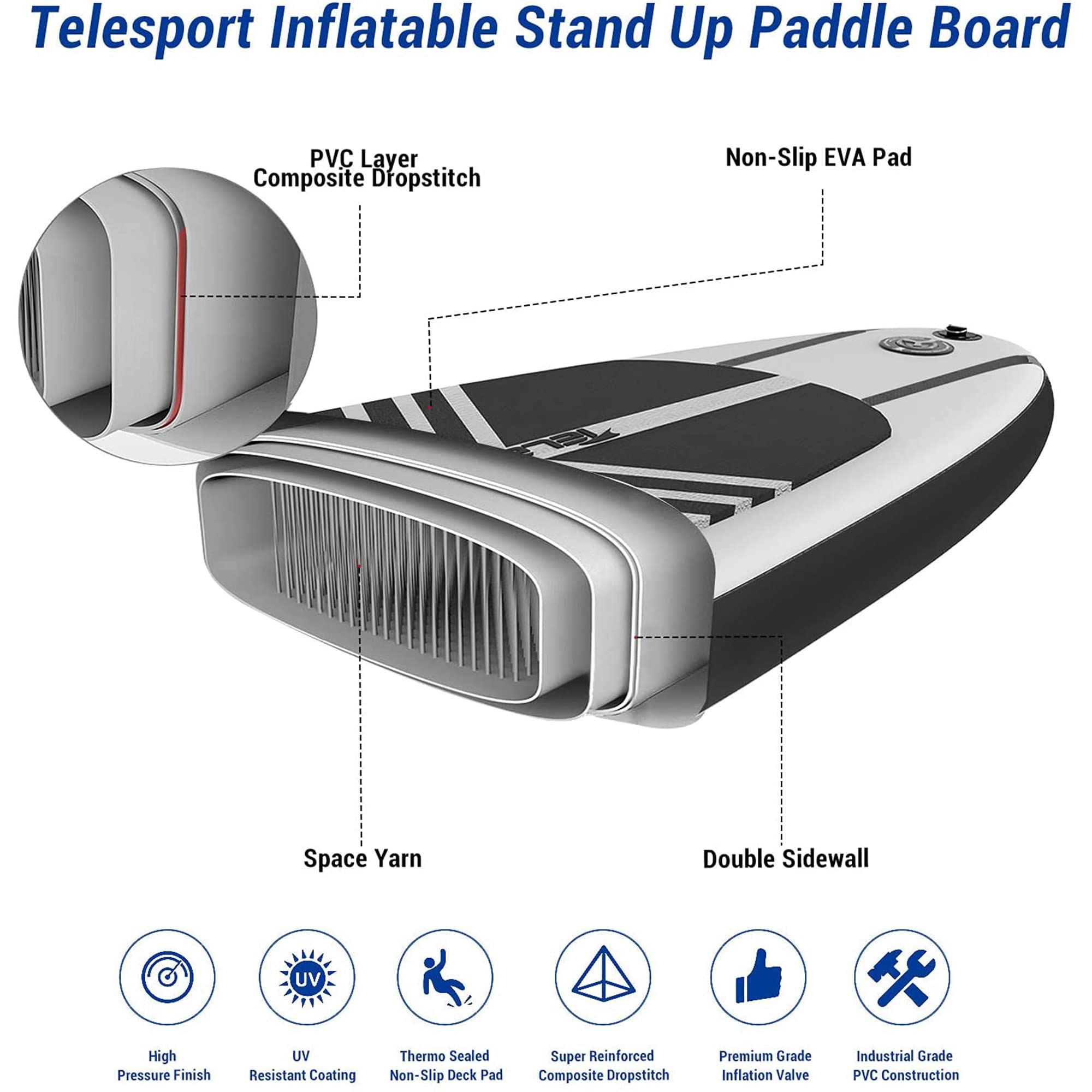 TELESPORT Paddle Boards 11 Foot Long 33 Inch Wide Inflatable Stand Up Paddleboard Blowup SUP Board with Accessories, 350 Pound Weight Capacity, Black