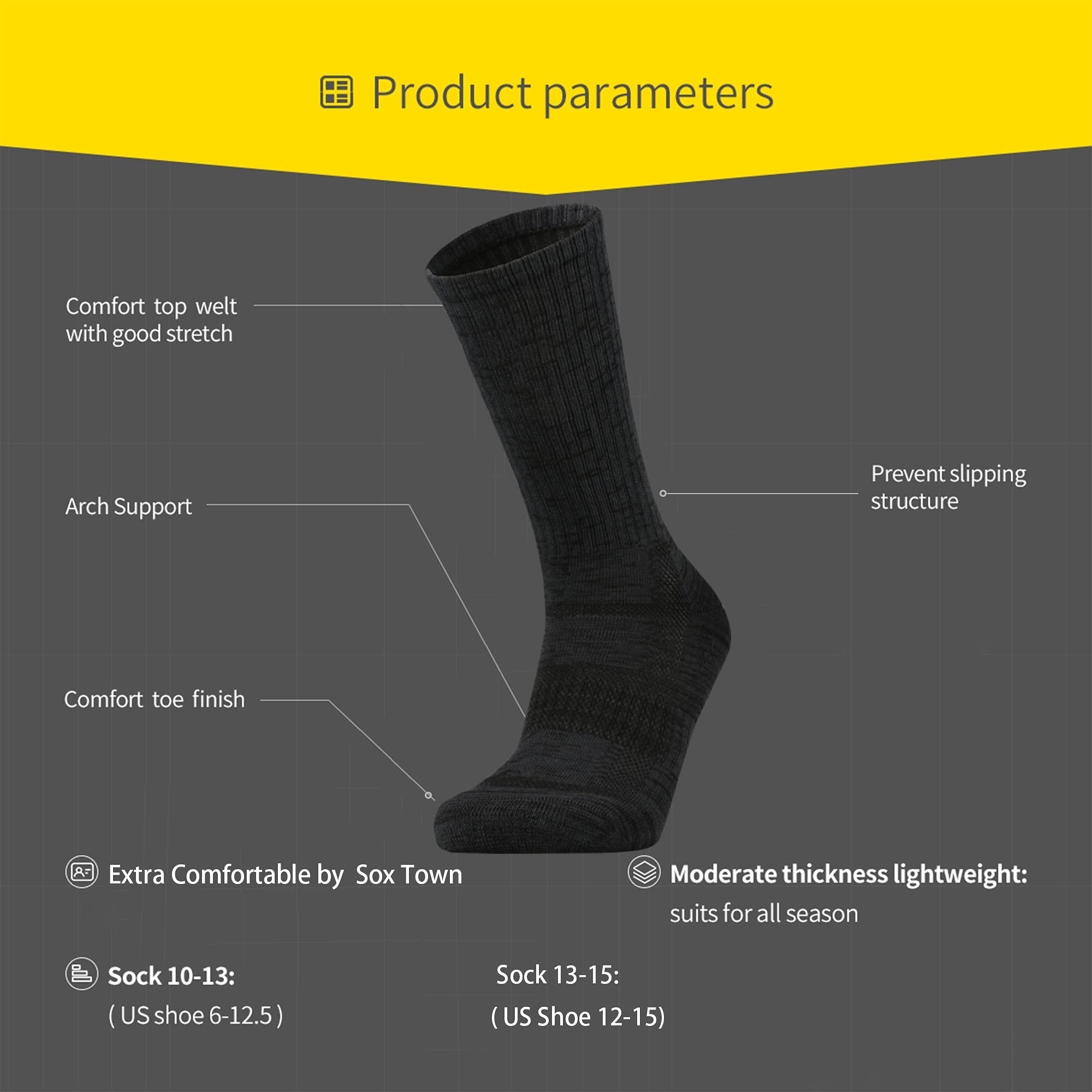 SOX TOWN Unisex Cushioned Crew Training Athletic Socks Men & Women with Combed Cotton Moisture Wicking Breathable Performance(BlackGrey M)
