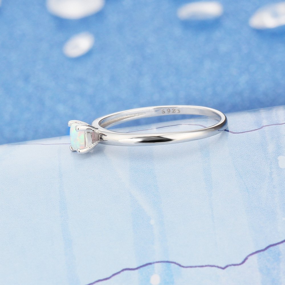 SILBERTALE Opal Ring 925 Sterling Silver Small Birthstone Princess Cut Opal Solitaire Promise Engagement Ring Women Stacking Wedding Band Size 8