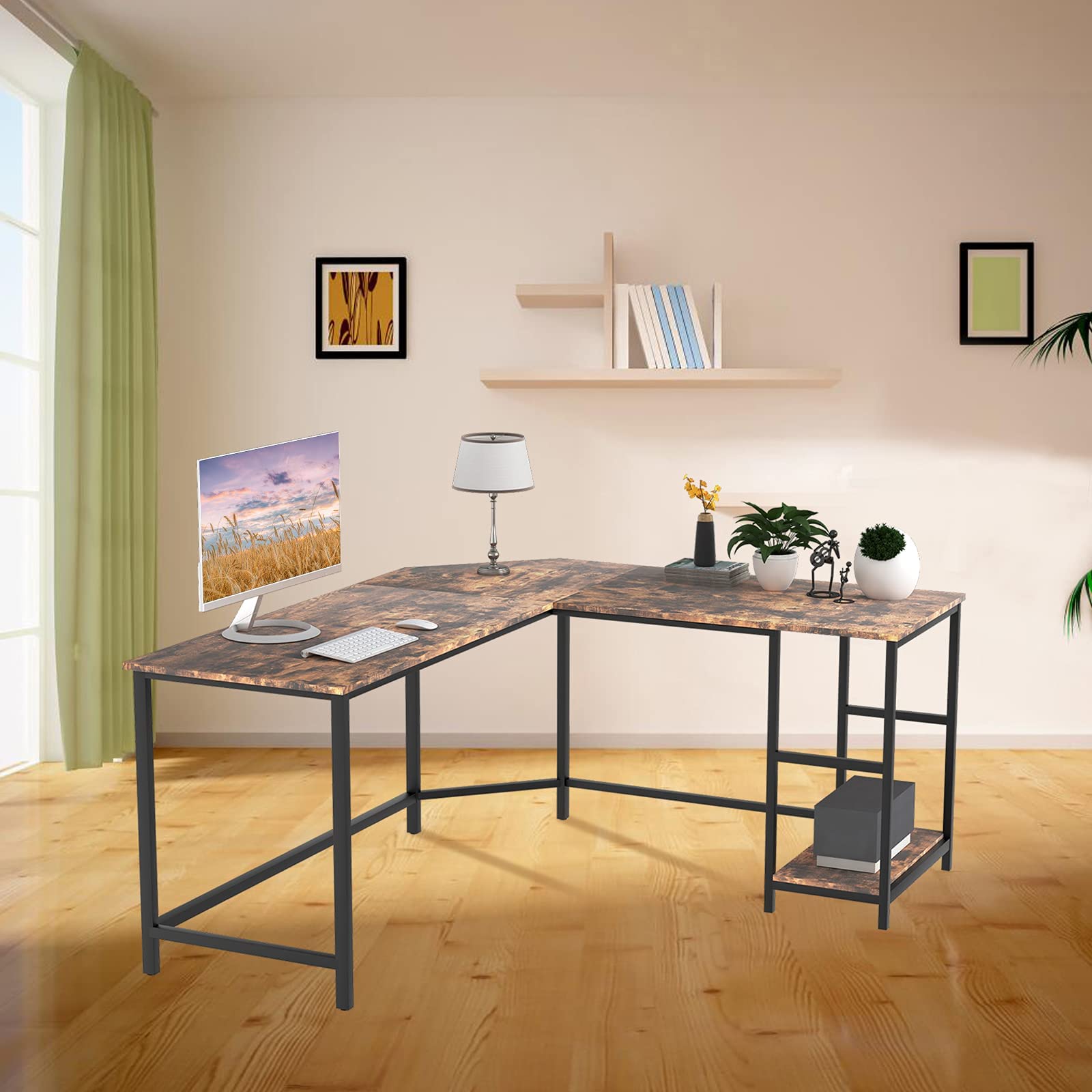 SMAGREHO L-Shaped Computer Desk, Modern Home Office Corner Desk Writing Study Workstation Table with Storage Shelf, Space-Saving, Dark Rustic