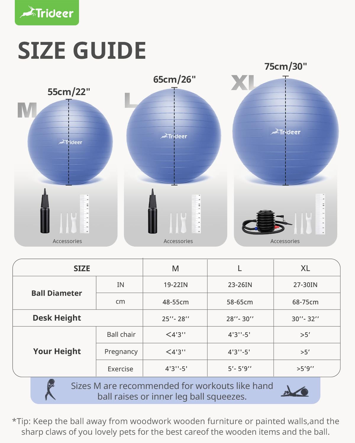 Trideer Yoga Ball - Exercise Ball for Workout pilates Stability - Anti-Burst and Slip Resistant for physical therapy, Birthing, Stretching & Core Workout, Office Ball Chair, Flexible Seating, Home Gym