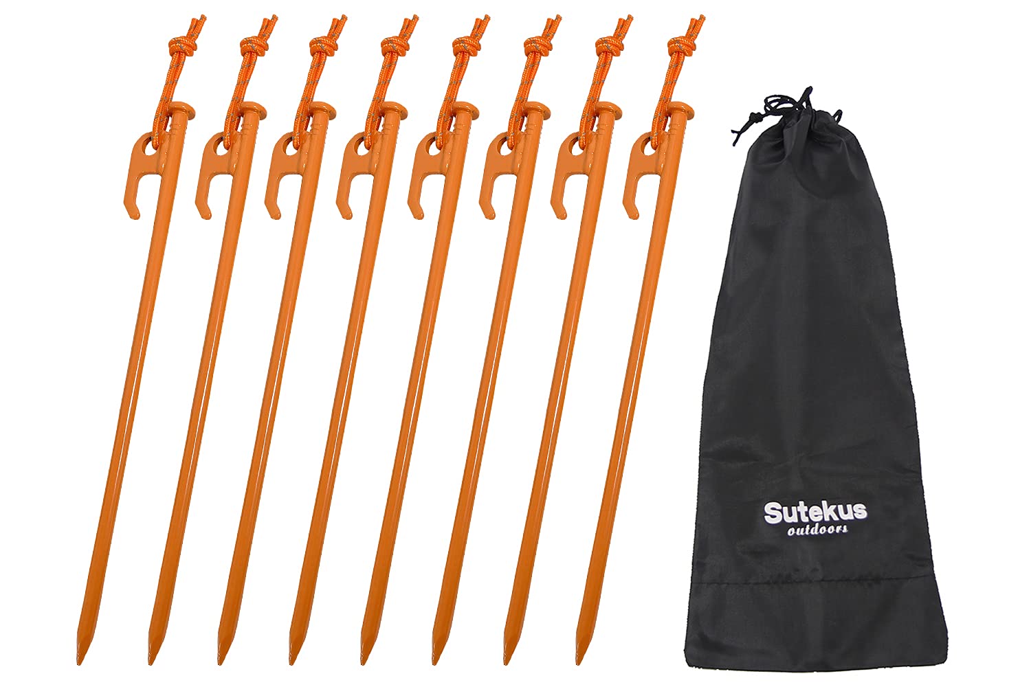 Sutekus Heavy Duty Forged Steel Tent Pegs Metal Tent Stakes with Reflective Pull Cord Solid Tent Anchors and Camping Spikes for Camping Hiking Outdoors, 12"/8PCS (Orange)