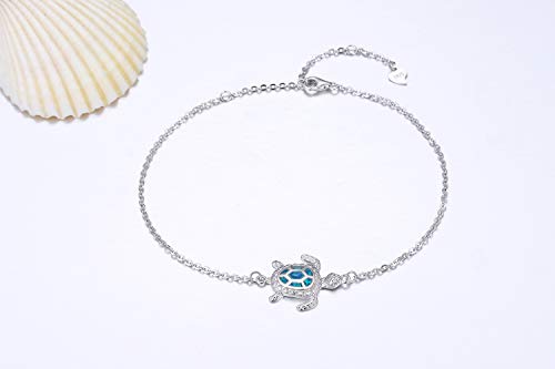PUPILLEMON Blue Opal Sea Turtle Ankle Sterling Silver Anklet Fine Jewelry for Women Gifts 4 Level Adjustable Anklet (Large Bracelet)