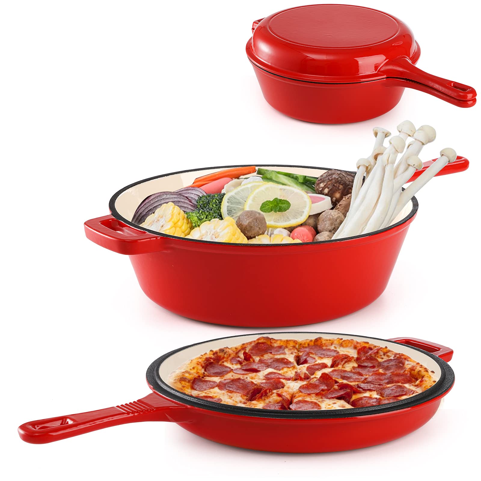 Suwimut Enameled 2-in-1 Cast Iron Multi Cooker, 3.2 Quart Red Heavy Duty Deep Skillet and Lid Set Dutch Oven Frying Pan, Non-Stick Kitchen Cookware Grill, Stovetop, Induction, Oven Safe