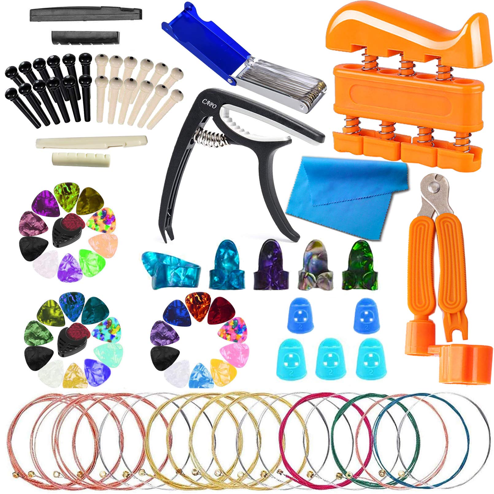 SPROUTER 93 PCS Guitar Accessories Set, Including Guitar Capo, 3 in 1 String Winder, Bridge Pins, Picks, Guitar Strings, Finger Picks, Fingertip Protectorsone, Guitar Saddle Files, Finger Strengthener