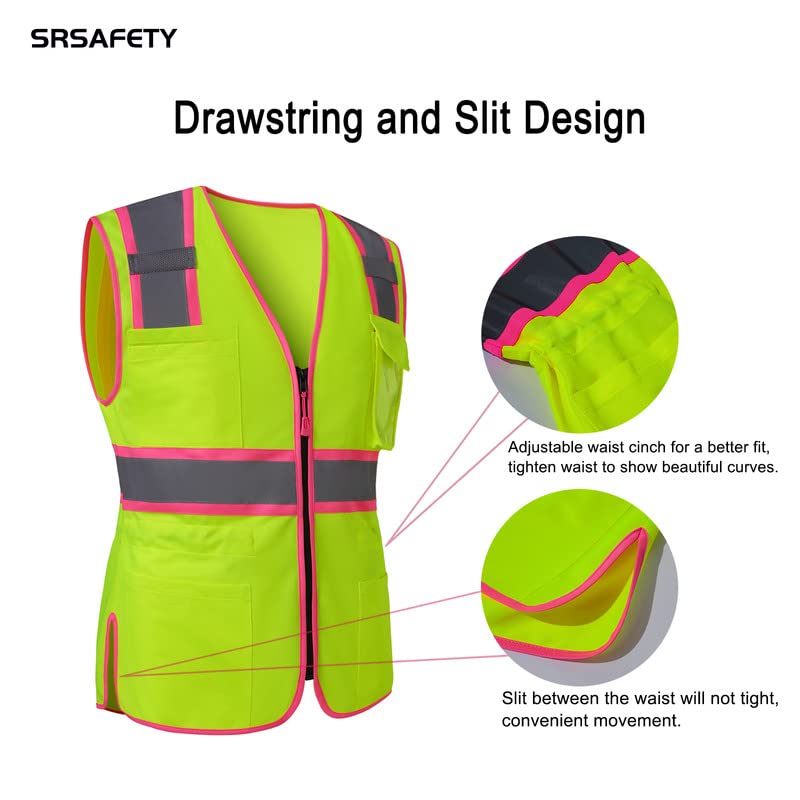 SRsafety Safety Hi-Vis Vest For Women, High Visibility Reflective Breathable Vest For Lady, Durable Zipper & Multi Pockets green S