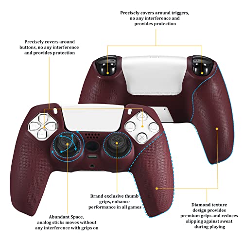 YoRHa Grip Texture Silicone Cover Skin Case for PS5 Controller x 1(Whine Red) with Pro Thumb Grips x 8