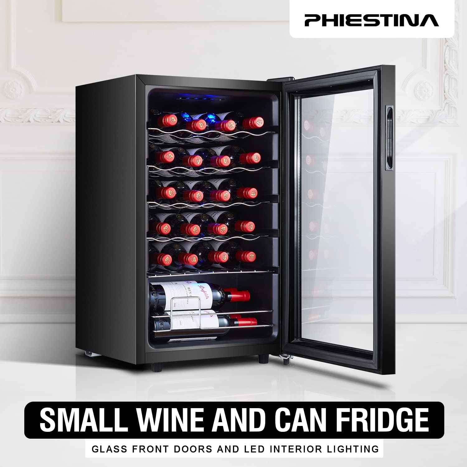 Phiestina Wine Cooler Beverage Refrigerator Freestanding Wine Refrigerator,24 Bottles or 20 Bottles 14 cans Beer Fridge,Removable Shelves Interior Lighting Digital Touch Control for Home/Bar/Office