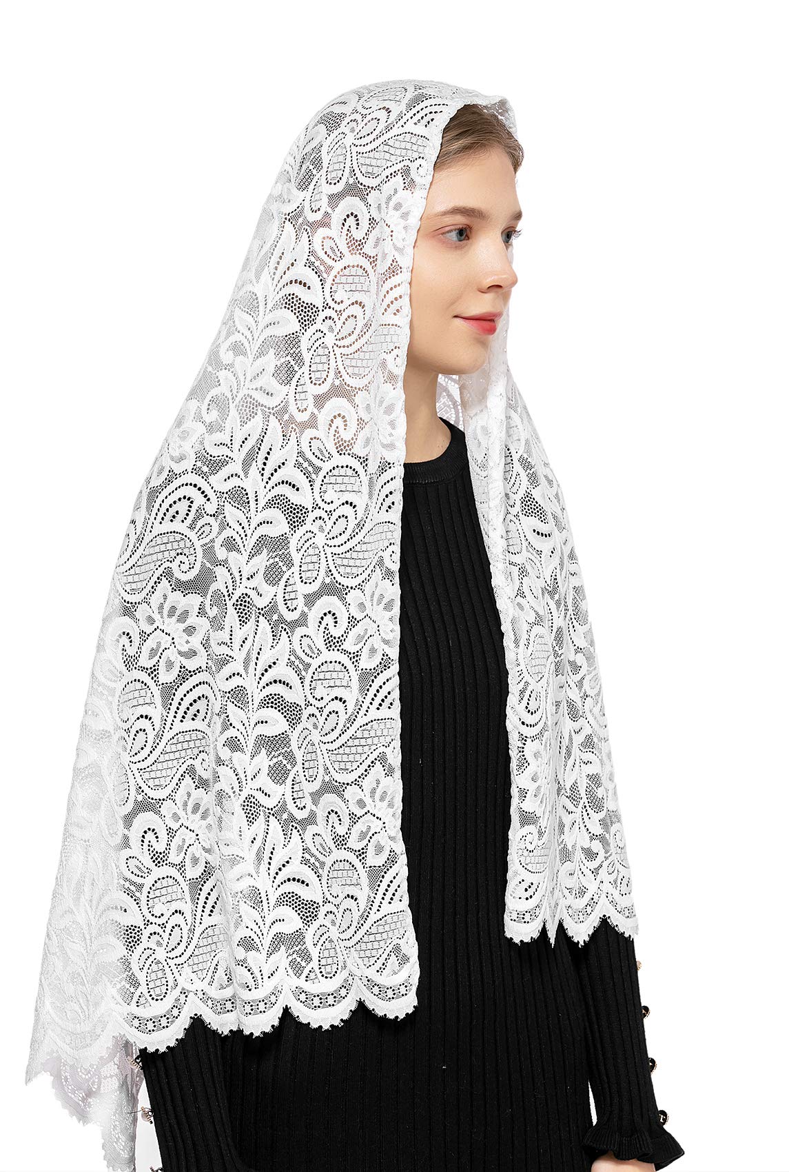 Wgior Rectangular Chapel Veil Scarf Catholic Church Veils Mantilla Wrap Shawl Mass Head Covering (White)