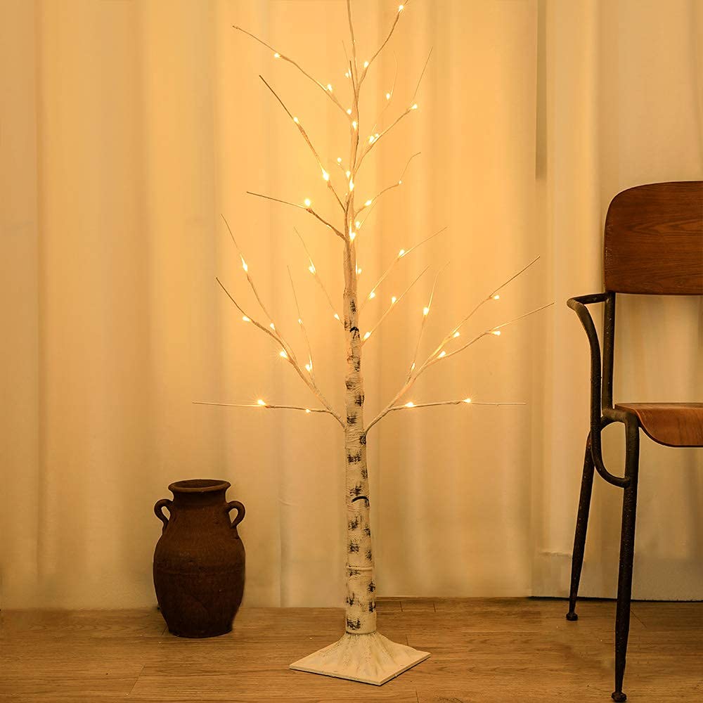 Snokip Lighted Birch Tree 4Ft 48 LED White Lighted Twigs Tree for Wedding Festival Indoor Outdoor Home Garden Party Decoration, Warm White