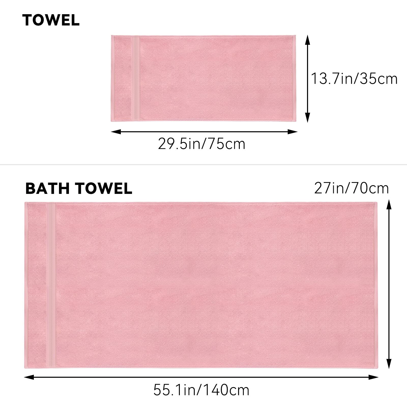 Thmyo 2 Pack 100% Cotton Super Soft Bath Towels Set, Highly Absorbent Hand Towels, Cotton Towels for Bathroom Quick Drying Large Bath Towels for Beach, Spa, Hotel (1 Bath Towel and 1 Hand Towel, Pink)