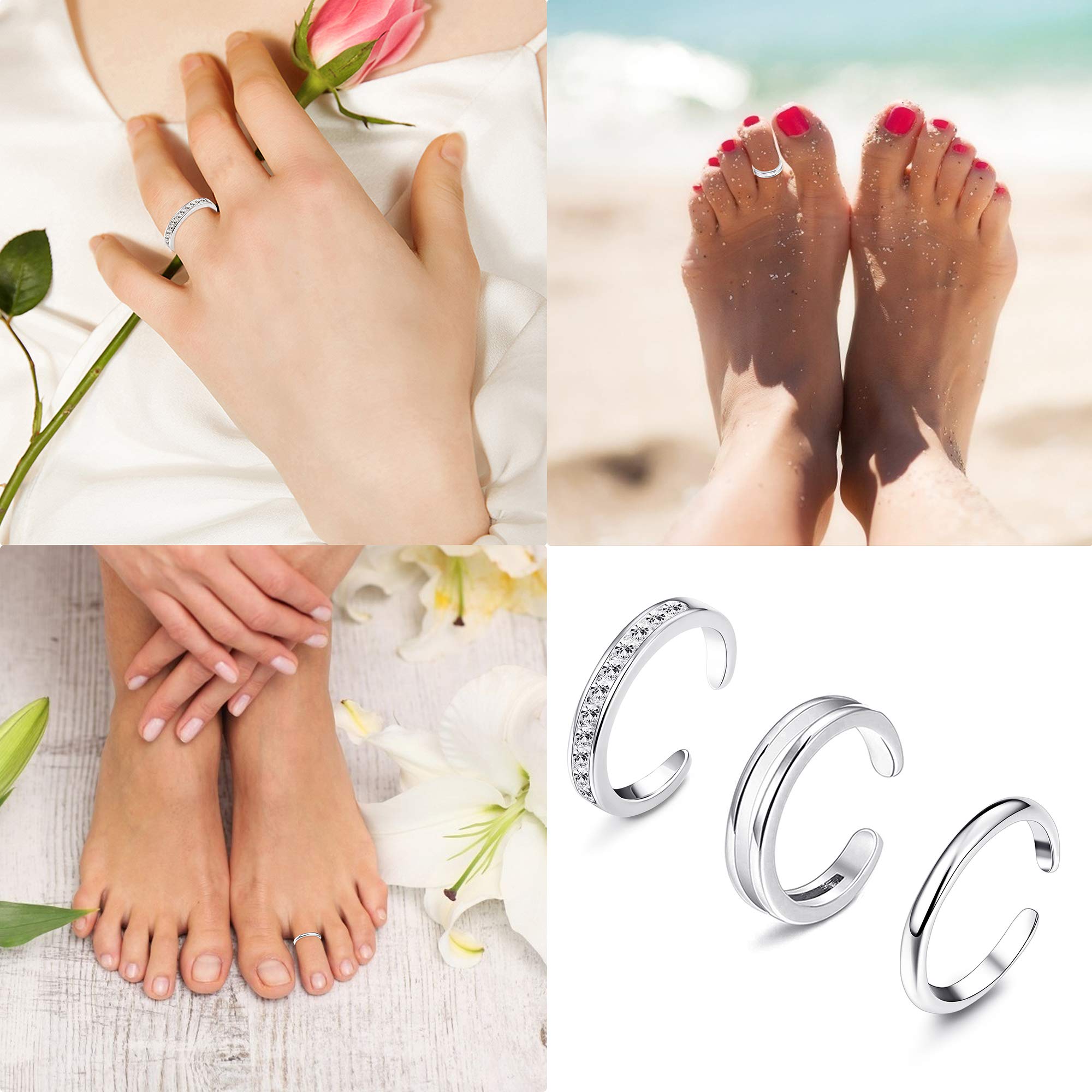 Sllaiss 925 Sterling Silver Toe Rings For Women Hypoallergenic Adjustable Open Cuff Toe Ring Platinum Plating Cubic Zirconia Toe Rings Foot Jewelry
