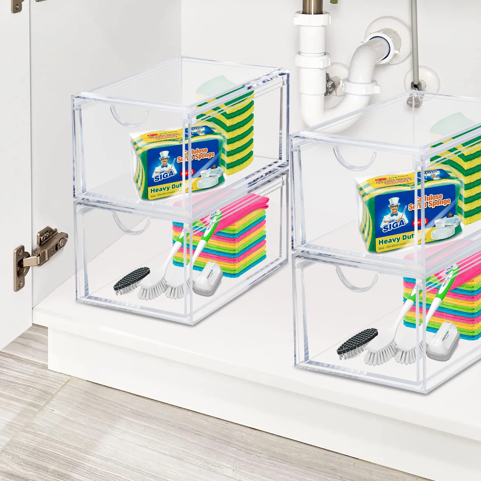 Stackable Cosmetic Organizer Storage Drawers, Set of 2 Acrylic Makeup Storage Organizer, Clear Storage Bins for Bathroom Vanity Countertop Bedroom Dresser Kitchen Cabinet Undersink and Pantry