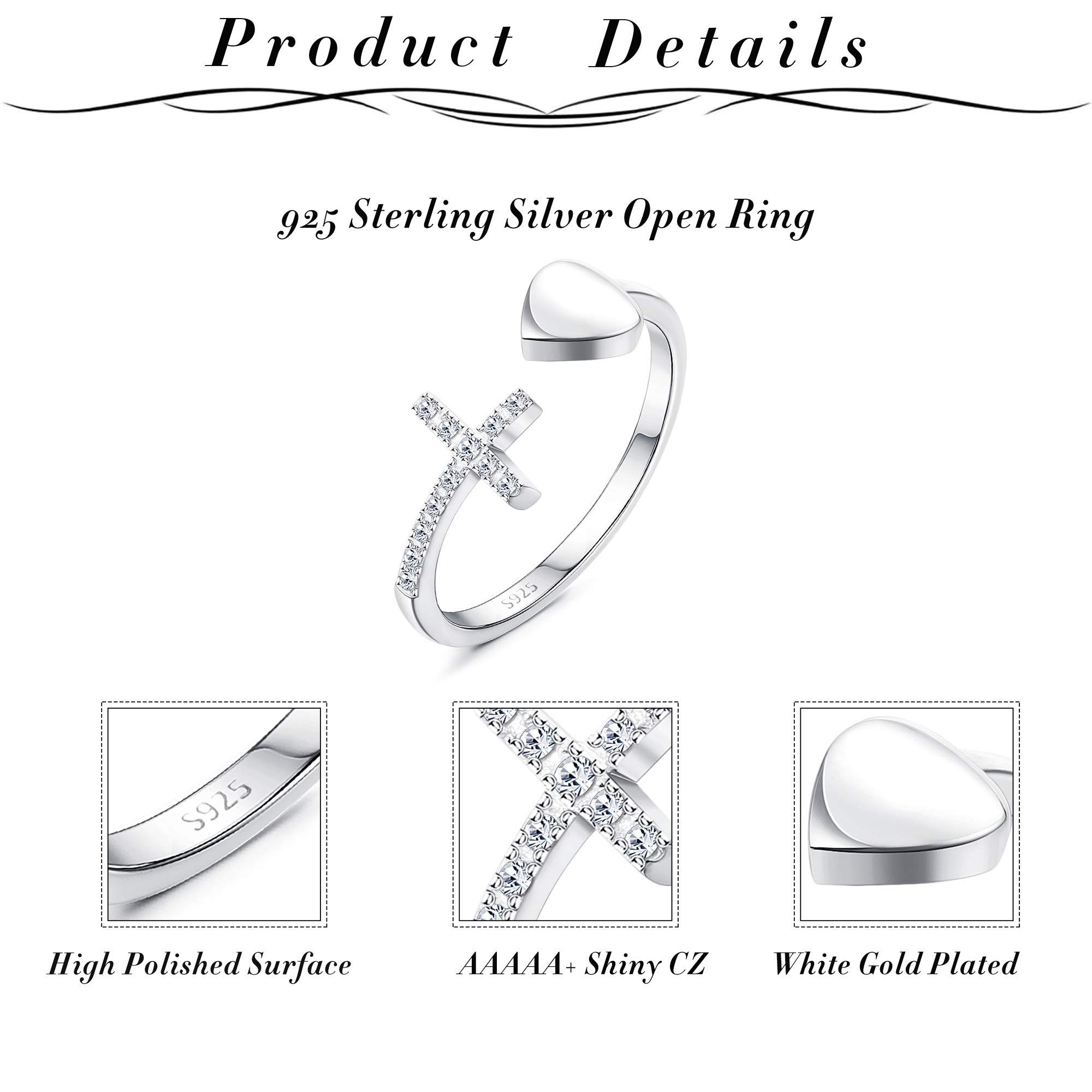 Sllaiss 925 Sterling Silver Adjustable Cross Rings for Women Men Love CZ Stackable Open Ring Sideways Cross Christian Religious Ring