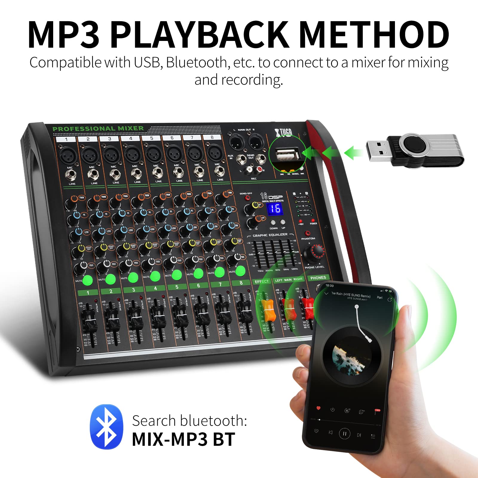 XTUGA M8 Professional 8 Channel Audio mixer Console with 16DSP,MP3 Player,+48V Phantom Power,USB,Bluetooth,Reverb,5 Band EQ for stage for Studio/DJ Stage/Party