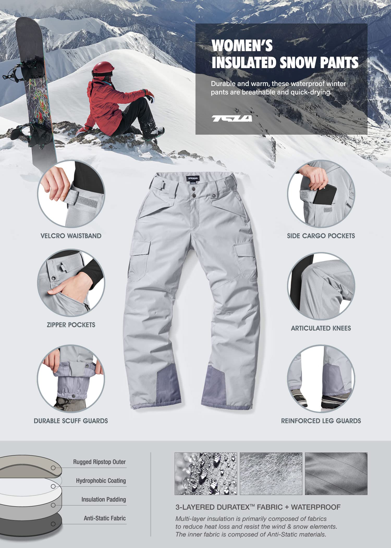TSLA Women's Winter Snow Pants, Waterproof Insulated Ski Pants, Ripstop Snowboard Bottoms, Cargo Snow Pants Steel, Small