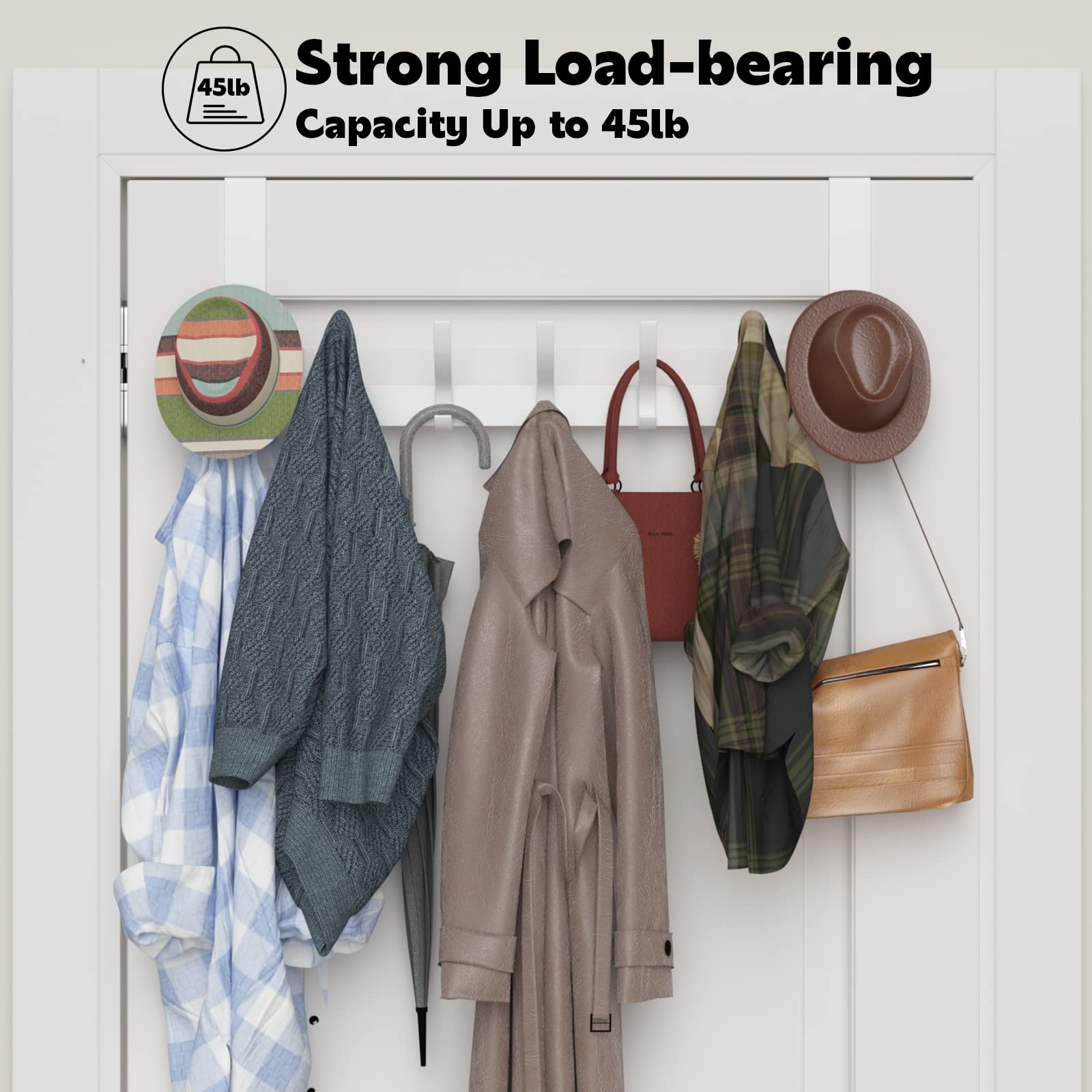 Peasulin Over The Door Hooks, Sturdy Door Hanger, Large Over The Door Towel Rack with 12 Hooks, Heavy Duty Easy to Install, for Bathroom, Bedroom,Kitchen,Hanging Towels, Coats (White).