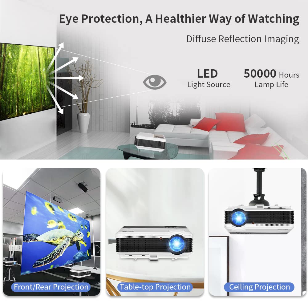 Smart Projector with WiFi & Bluetooth, 200" Indoor Outdoor Movie Projector with Wireless Phone Mirroring & HiFi Speaker, 8000LM Full HD 1080P Home Theater Projector for TV Stick Laptop DVD HDMI USB AV