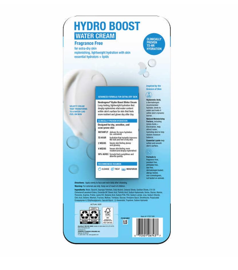 Neutrogena Hydro Boost Hyaluronic Acid Hydrating Water CREAM Daily Face Moisturizer for Dry Skin, Oil-Free, Non-Comedogenic Face Lotion, 1.7 fl. Oz 2 PACK