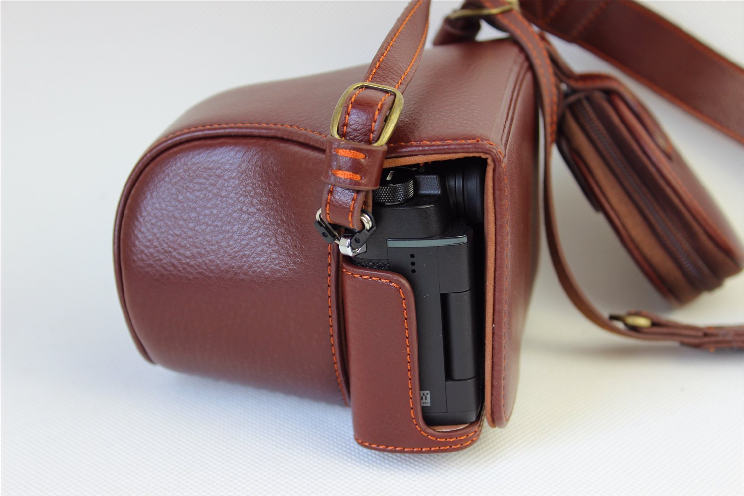 Olympus Pen-F Case, BolinUS Handmade Genuine Real Leather Fullbody Camera Case Bag Cover for Olympus Pen-F Bottom Opening Version with Neck Strap - Brown