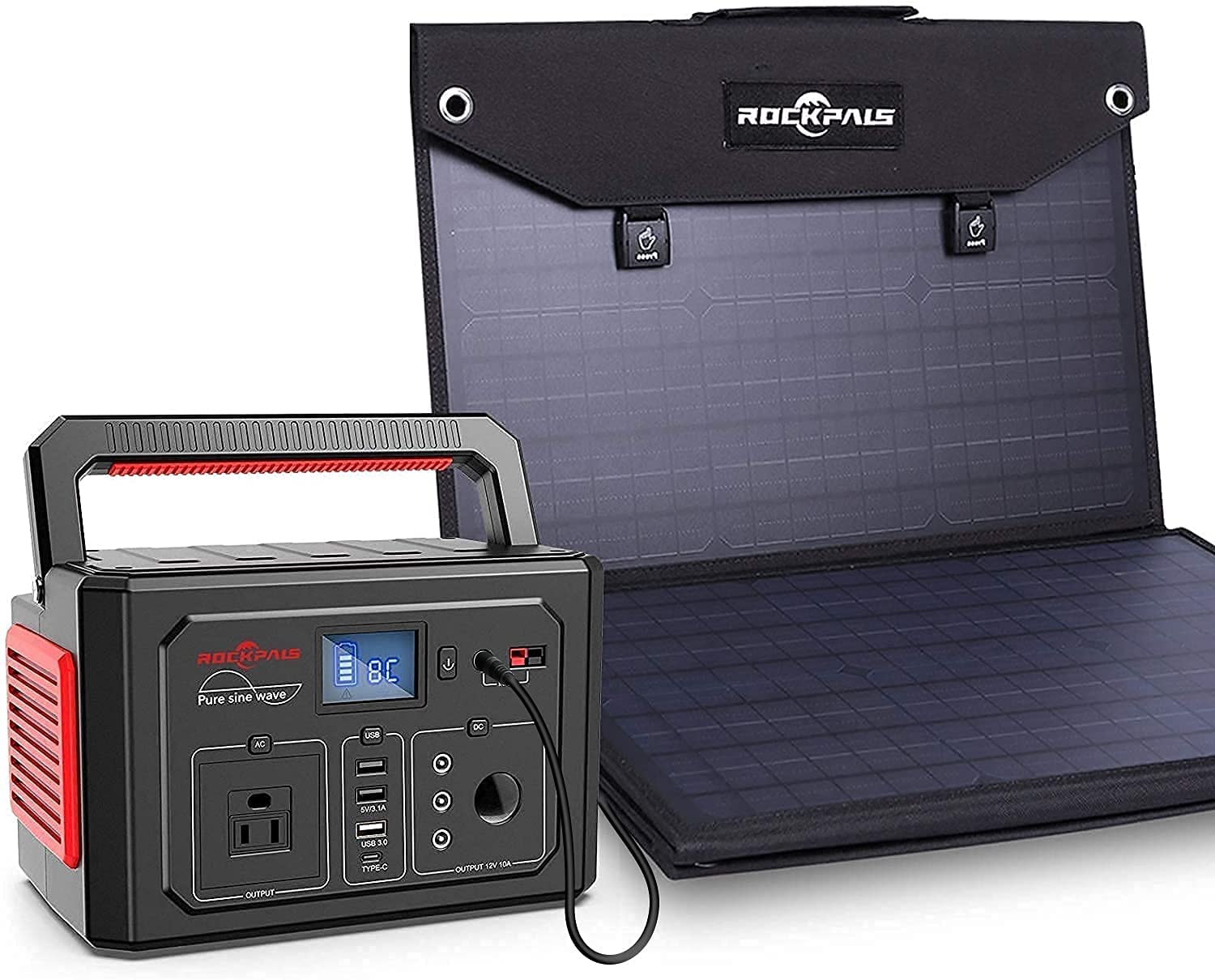 ROCKPALS 350W Portable Power Station and ROCKPALS Foldable 100W Solar Panel Charger, CPAP Backup Battery Pack for Camping, Home, Emergency