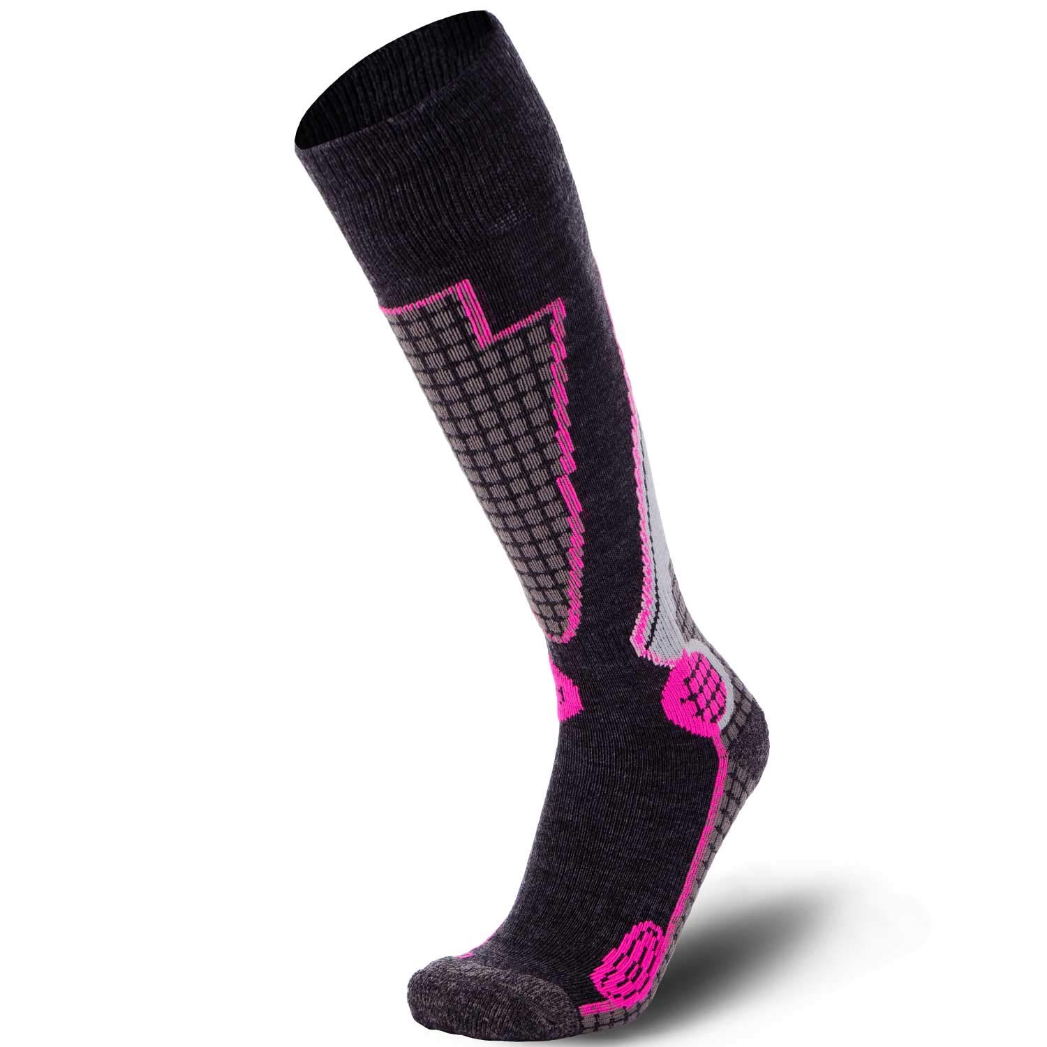 Pure Athlete High Performance Wool Ski Socks - Thermal Warm Merino Wool OTC Sock, Men Women (1 Pair - Black/Grey/Neon Pink, Medium)
