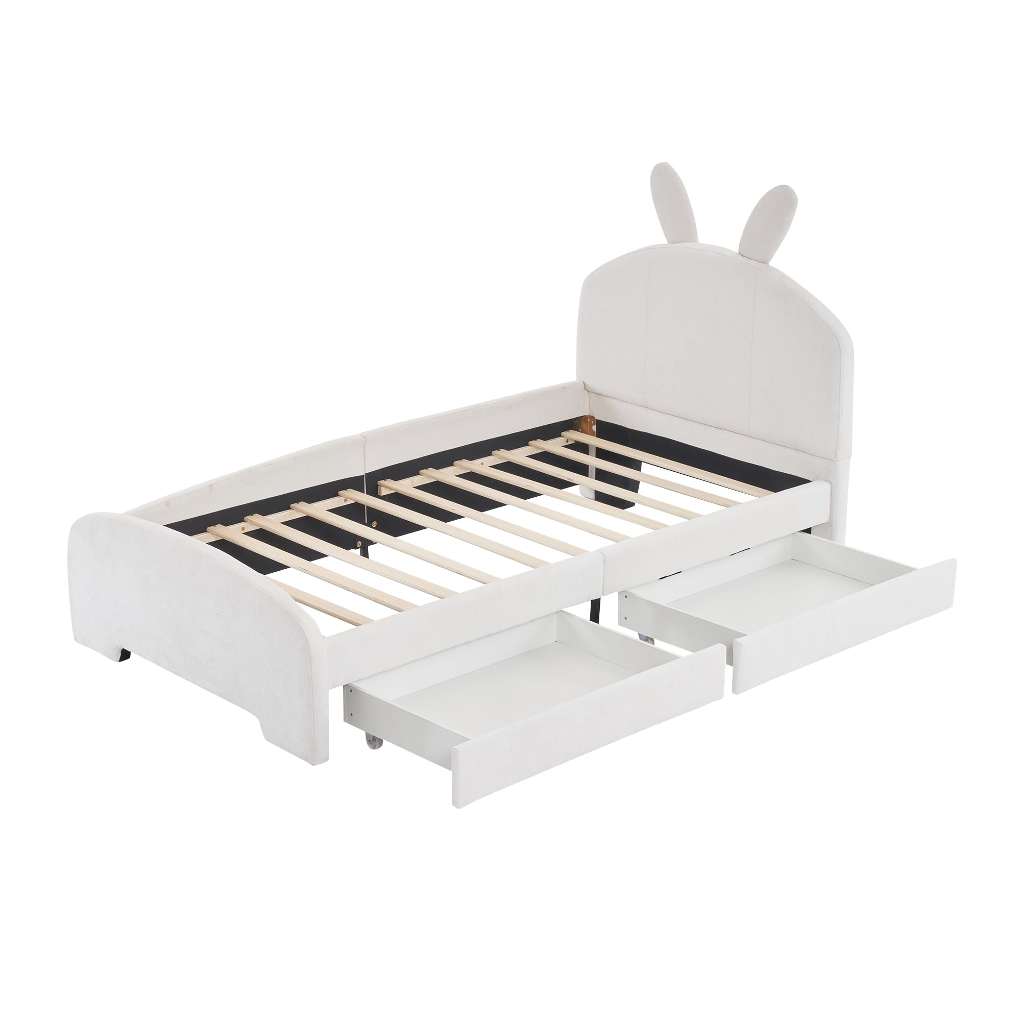PRNDOLE Twin Size Upholstered Platform Bed Frame with 2 Drawers and Cartoon Ears Shaped Headboard for Kids,White