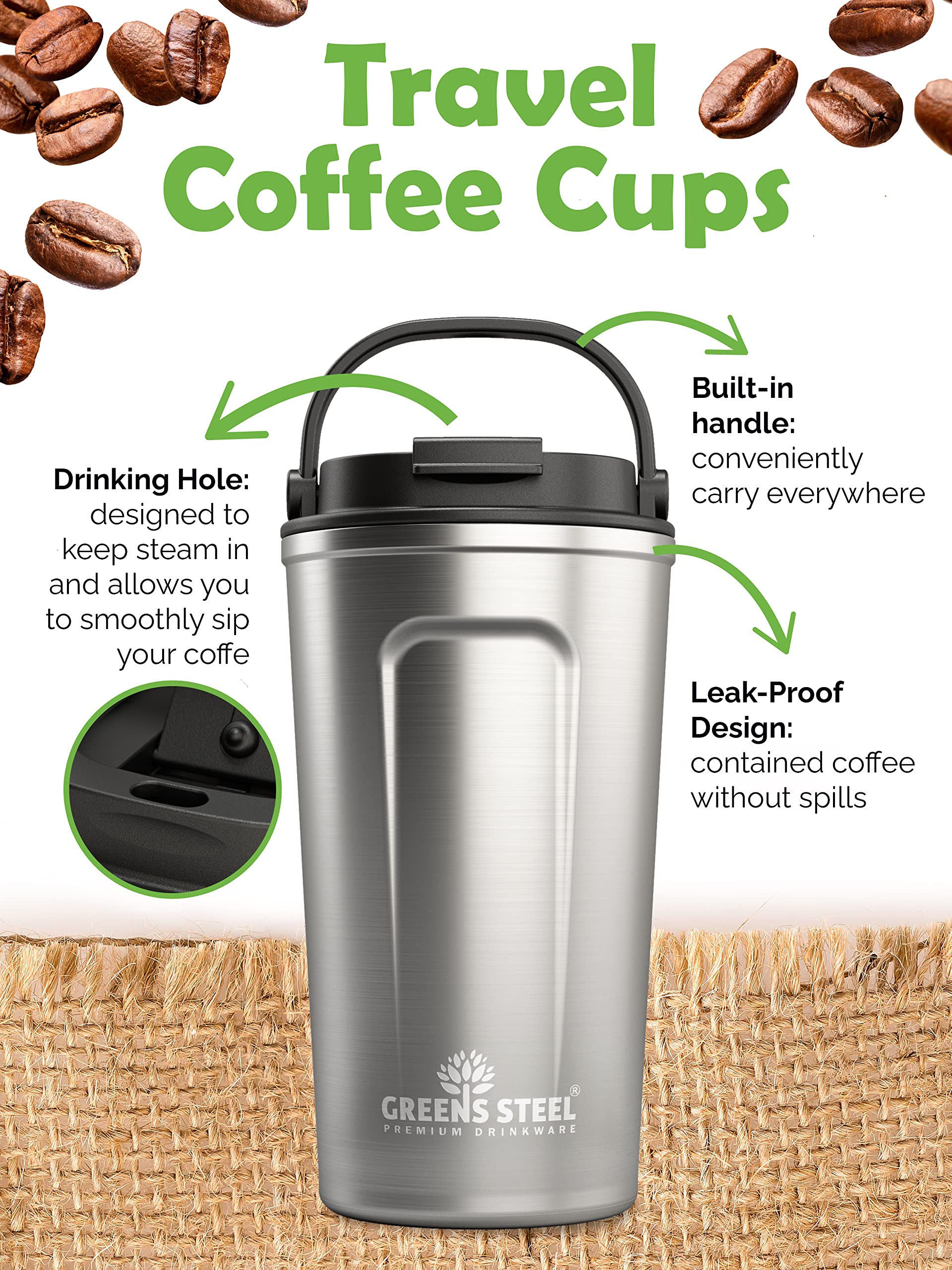 Stainless Steel Insulated Coffee Mug for Hot & Cold Drinks, 12 oz Silver - Coffee Cup with Lid and Handle - Coffee Travel Mug - 100% Leak-Proof Insulated Coffee Tumbler - Travel Coffee Mug Spill Proof
