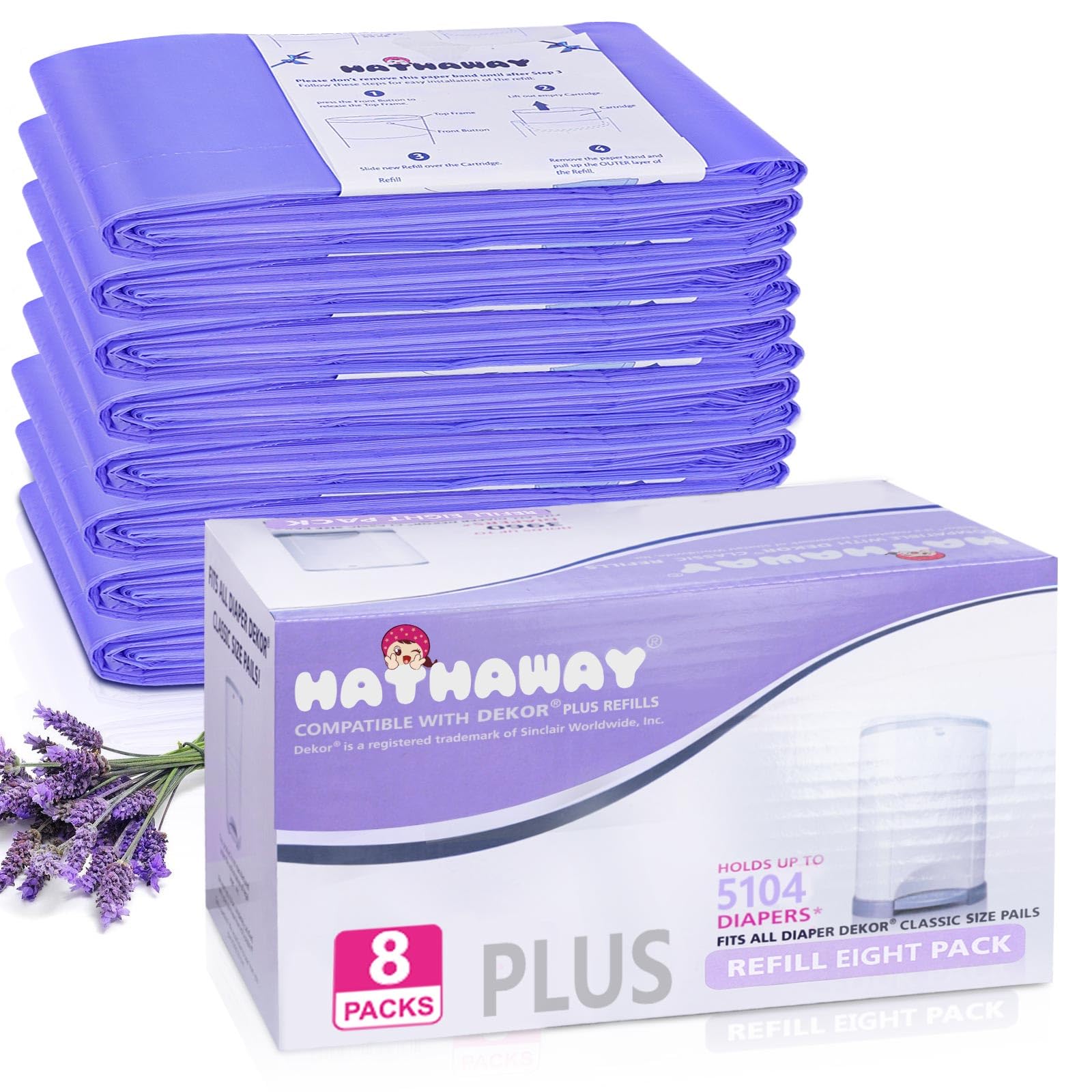 Refills Compatible with Dekor Plus Diaper Pail Refills 8 Pack Diaper Pail Liners with Lavender Scent