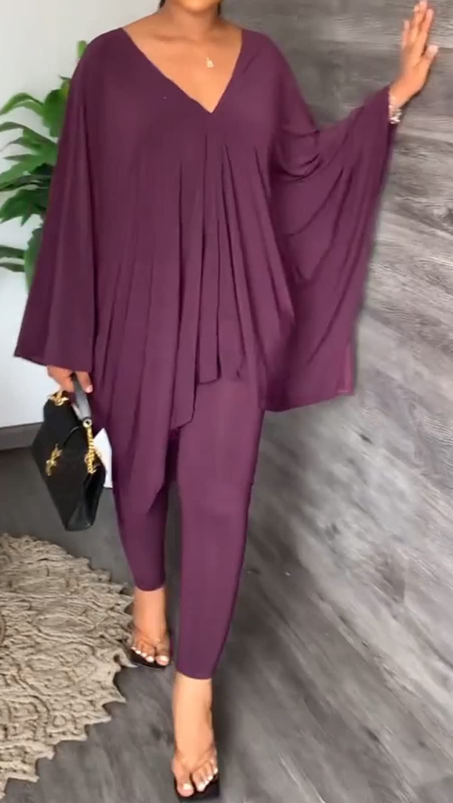 Women’s Casual 2 Piece Outfits Solid V Neck Batwing Sleeve Asymmetric Top Tracksuits Set Bodycon Long Pants 2 Piece Loungewear Purple Large