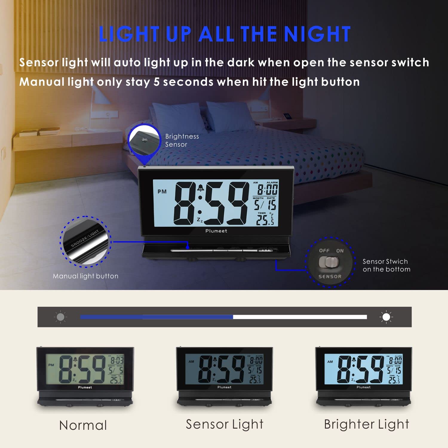 Plumeet Smart Night Light Digital Alarm Clock with Indoor Temperature, Battery Operated Clock Digital Display for Bedrooms, Desk Bedside Gifts Clock (White Light)