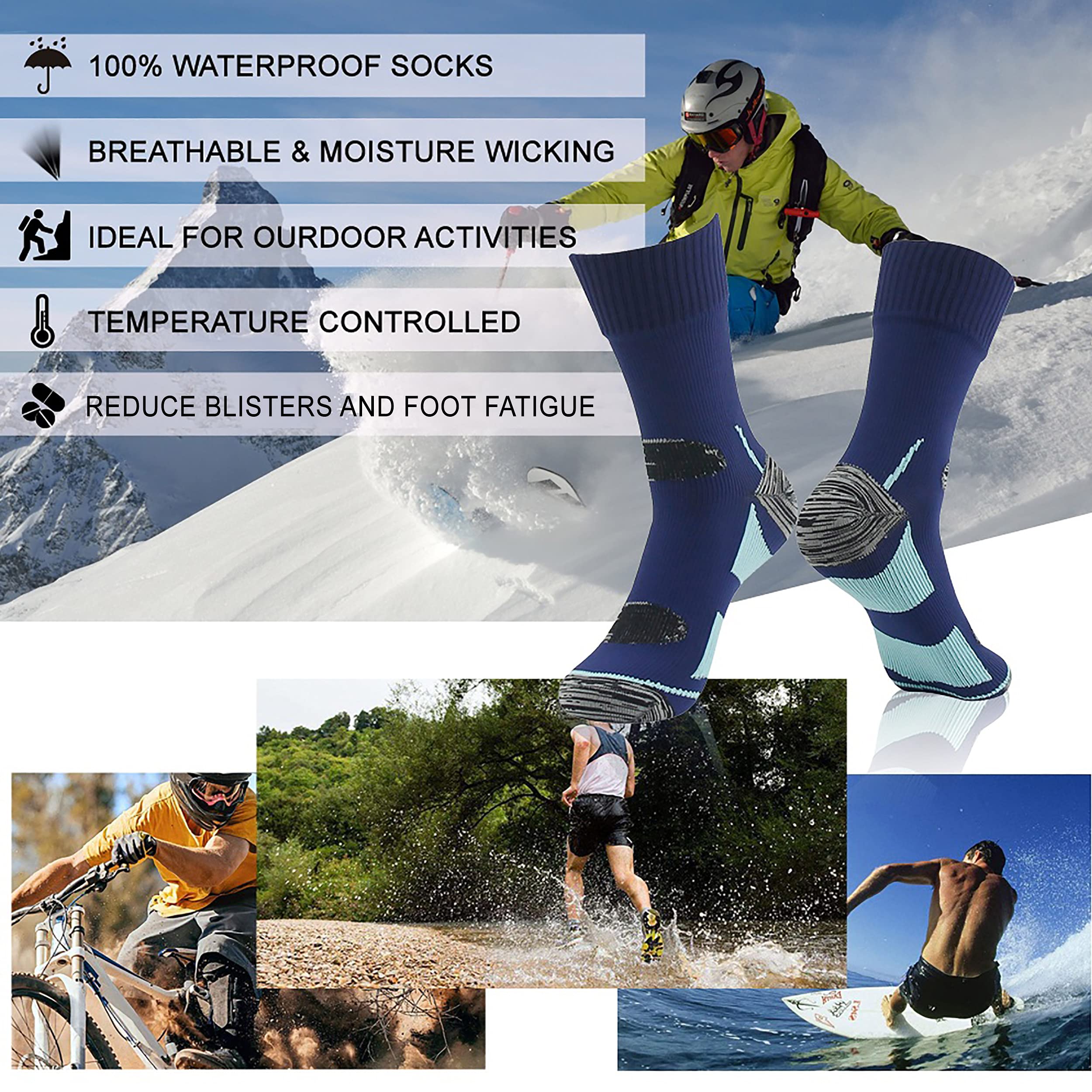 RANDY SUN Waterproof Work Socks for Unisex Athletic Crew Socks Hiking Running Hunting Outdoor Cycling Socks 1 Pair (Navy Blue,Small)
