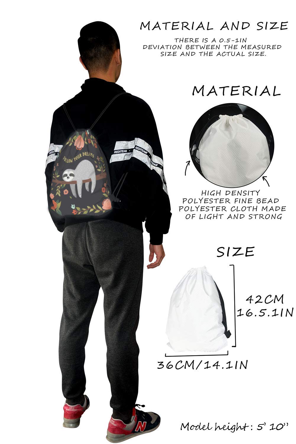 Sloth Drawstring Backpack Gym Bag for Women Men Black Lightweight Waterproof Cinch Sack for Travel Yoga Beach School